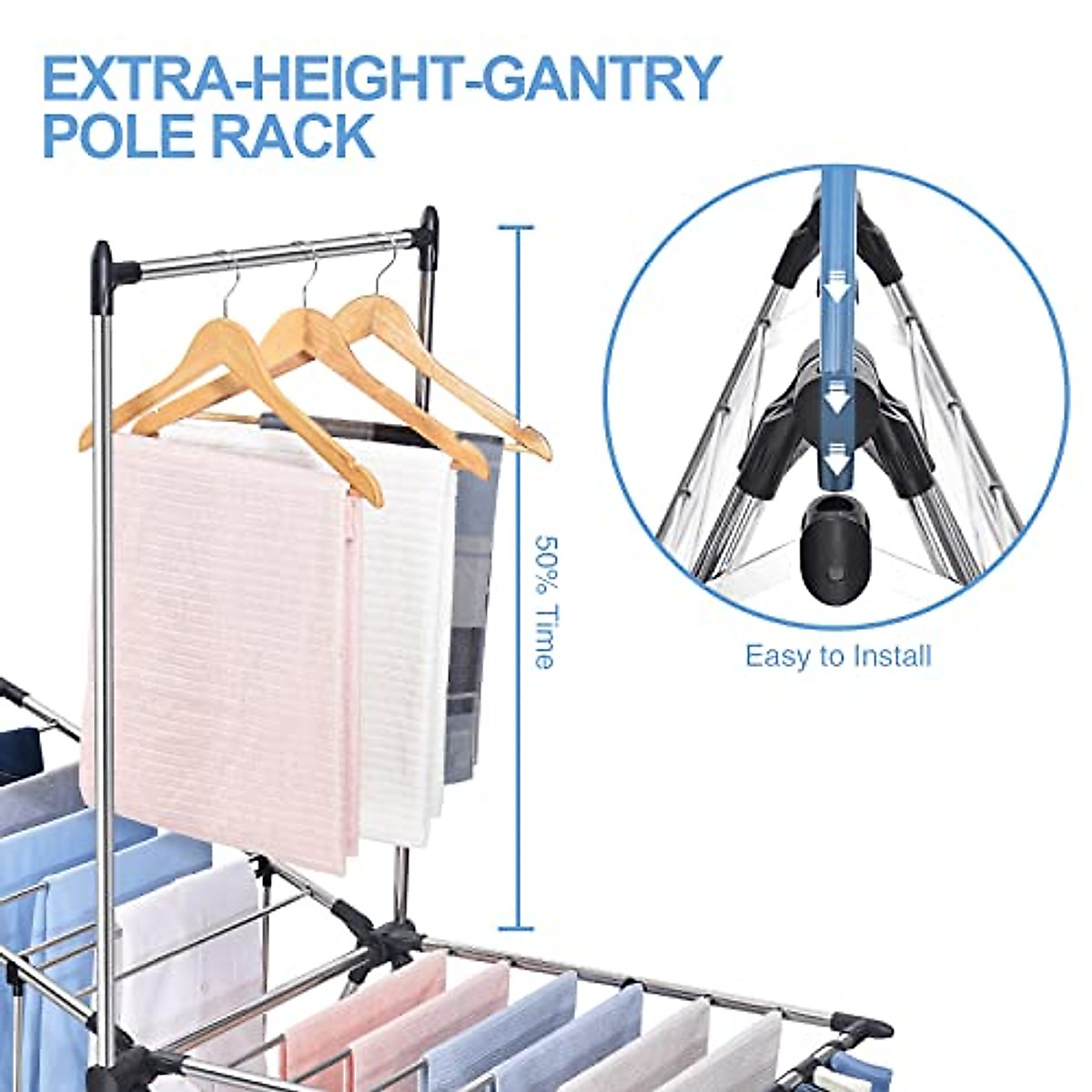 TOOLF Clothes Drying Rack with High Hanger, Foldable 2-Level Drying Racks for Laundry, Laundry Stand with Height-Adjustable Gullwings