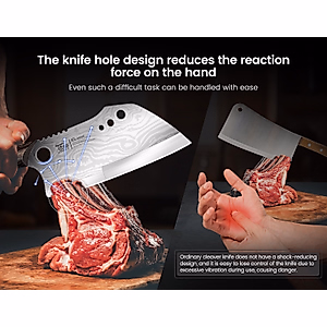 Multifunction Chinese Chef Knife, 7.7 Inch Meat Cleaver With Herb Stripper And Sheath, Butcher Knife Heavy Duty Bone Chopper, Slicing Vegetables, Damascus Pattern Full Tang Wood Handle Design