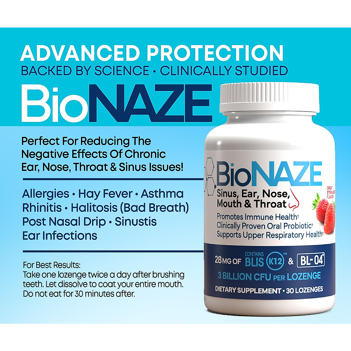 Bionaze Oral Probiotic K12 & BL-04 for Sinus, Tonsil Stones, Bad Breath, Post Nasal Drip, Throat, Mouth, Teeth & Gut - Improve Oral & Respiratory Health. Clinically Proven Oral Probiotic Strains 30 ct