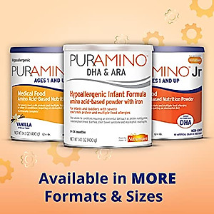 PurAmino Junior Hypoallergenic Toddler Drink, for Severe Food Allergies, Omega-3 DHA, Iron, Immune Support, Unflavored Powder Can, 14.1 Oz