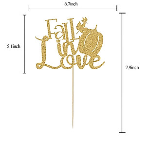 Glitter Fall in Love Cake Topper - Autumn Happy Anniversary Cake Topper, Pumpkin Wedding Engagement Bridal Shower Party Decorations Gold