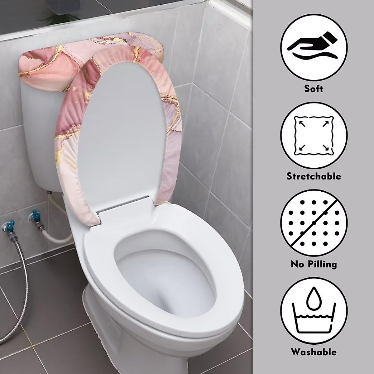 Qznuberone Pink Marble Bathroom Standard Toilet Seat Lid Cover Toilet Tank Lid Pads Machine Washable Dustproof Universal Fit Home Decoration Toilet Lid Accessory