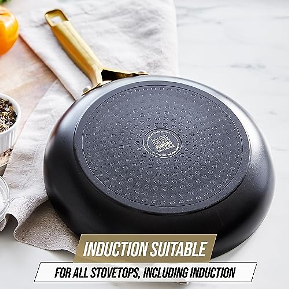 Blue Diamond Gold 10 Piece Cookware Set,Ceramic Nonstick, PFAS Free, PFOA Free, Induction Suitable, Dishwasher Safe, Gold Handle, Black