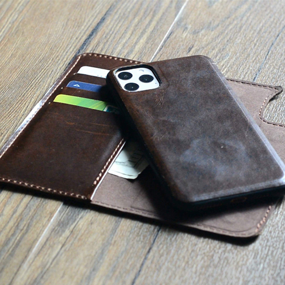 Rfid Distressed Handmade Genuine Leather Case For Iphone 14 Pro Max 11 12 13 Leather Wallet Detached Style With Magnetic Phone Case Coffee
