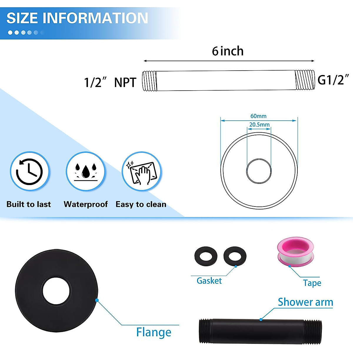 Enoughmen Ceiling Mount Shower Arm with Flange for Rain Shower Head,Stainless Steel Straight Arm for Fixed Shower Head,3 Inch Matte Black