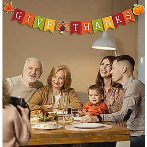 PTFNY Give Thanks Banner Thanksgiving Bunting Banner Garland with Maple Leaves Turkey and Pumpkin Signs Give Thanks Banner for Fall Thanksgiving Day Party Decorations Friendsgiving Home Party Supplies