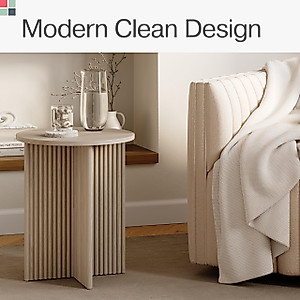 Round Fluted Accent Side Table - Pedestal Drink Table - Modern Home, Bedroom, and Living Room Furniture - Small Round End Table with Solid Wood X-Base and Wood Veneer Top (Weathered White)