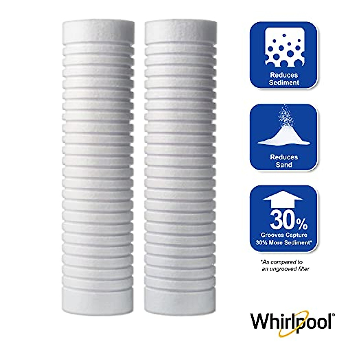 Whirlpool Whole Home Standard Capacity Sediment Filters WHKF-GD05, 2 Pack, 5 Micron, 6-Month Filter Life, Reduces Sediment, Sand, Soil, Silt & Rust, for standard filter housings