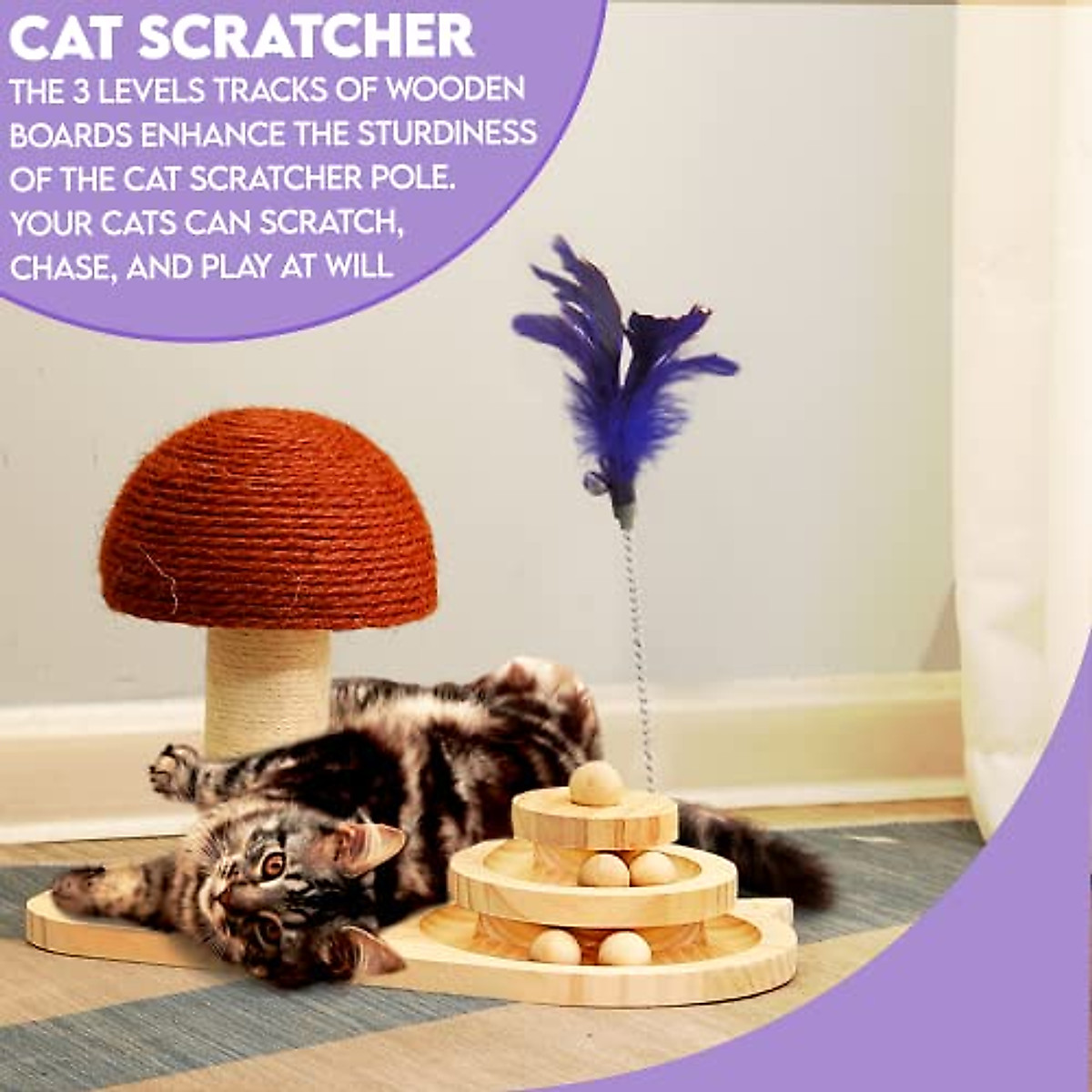 Paw Paw Babe 3 in 1 Cat Scratch Post - Wooden Base, Mushroom Sisal Post, Feather Stick - Cats Interactive Track Ball Toy - Cat Scratcher Toys for Indoor Fun