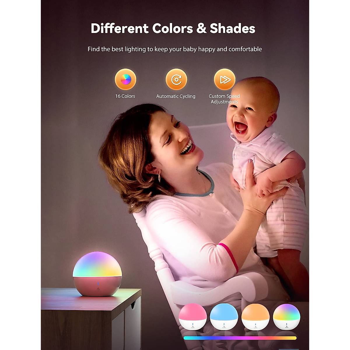 NexiGo Night Light, Portable One-Key Baby Bedside Lamp, RGB Changing Speed Adjustable & Dimmable, Rechargeable Touch Nursery Nightlight, for Kids Bedroom, Bathroom (Spherical)