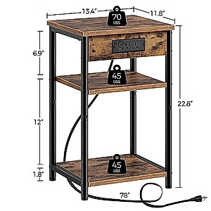 Rolanstar End Table with Charging Station, 3 Tier Slim Nightstand with Storage Shelf, Narrow Side Table with USB Ports & Power Outlets, Steel Frame for Living Room, Bedroom, Rustic Brown