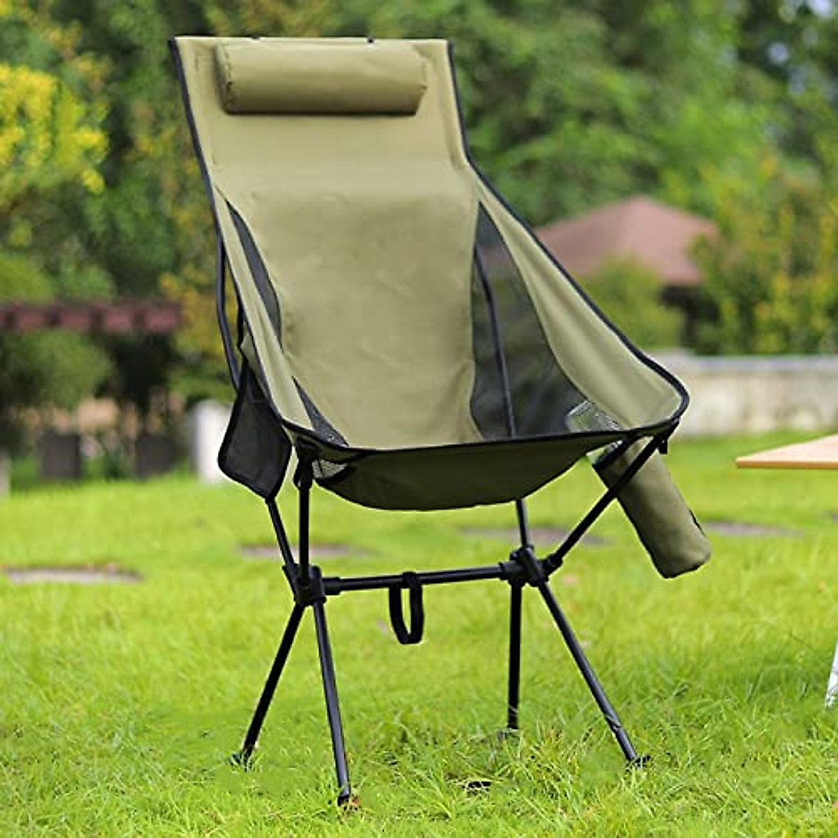 Sequpr Ultralight High BackOutdoor Folding Camping Chair， Heavy Duty Mesh Lightweight Beach Lounge Chair with Pillow and Cup Bag, Large Chair for Travel, Hiking,Fishing,Beach (Green)