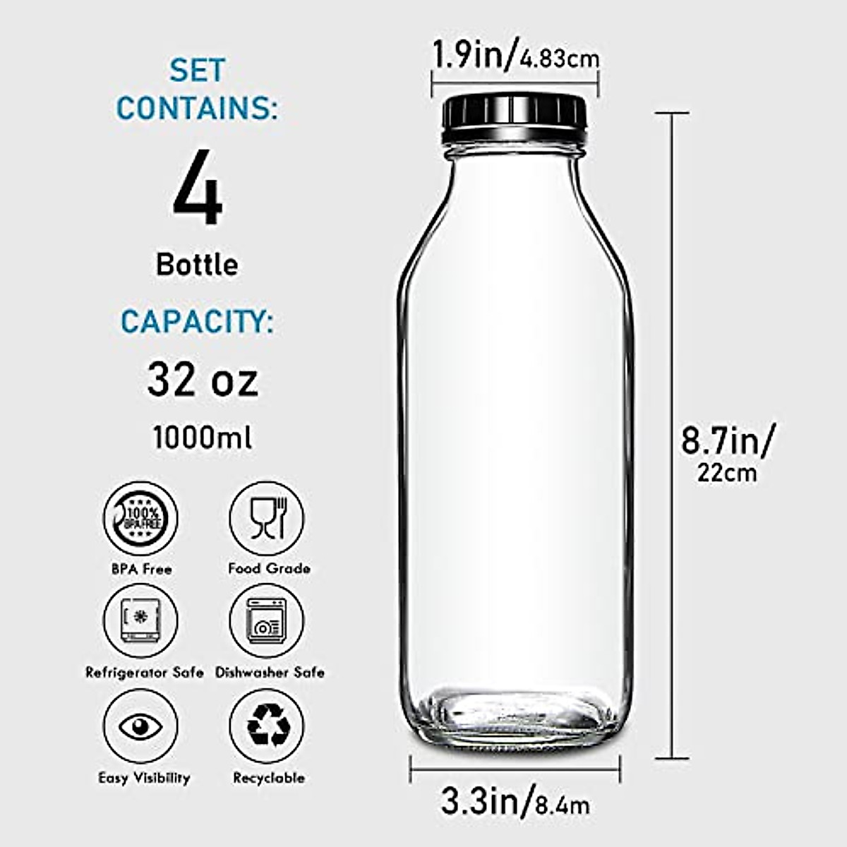 YEBODA 32oz Glass Milk Bottle with Plastic Tamper-proof Caps (4 Pack) Vintage Reusable Dairy Drinking Containers, Glass Bottles for Milk, Juice,Yogurt, Smoothies, Tomato Sauce, Jam, Syrup