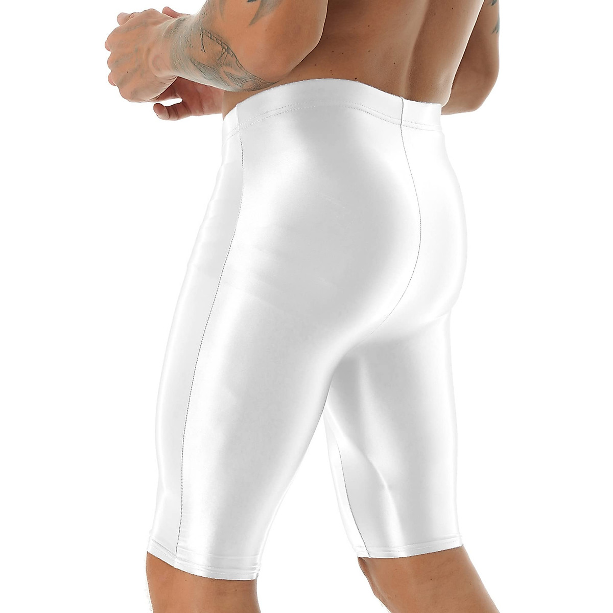 iiniim Men's Dry Fit Running Compression Tight Sport Short Pants Shiny Glossy Spandex Seamless Leggings White X-Large
