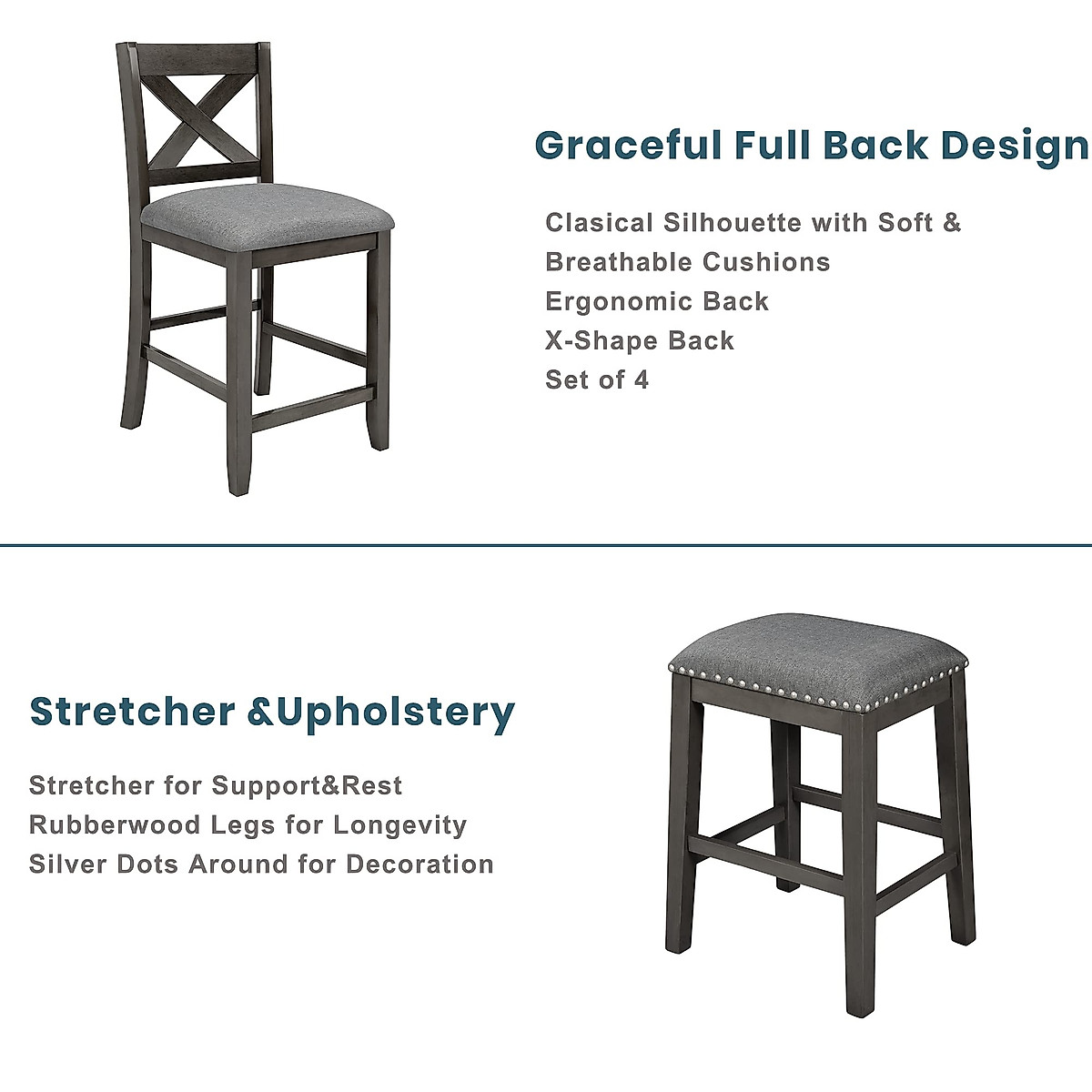 Bellemave 5 Pieces Counter Height Dining Table Set for 4,Rustic Farmhouse Wooden Bar Table Set with 3-Tier Shelf, 2 Stools and 2 Chairs for Kitchen Dining Room(Grey)