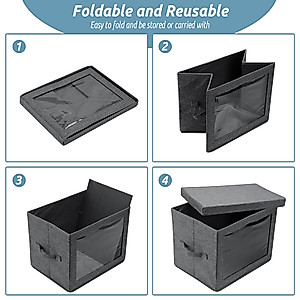 Bellzacasa Large Collapsible Storage Bins with Lids, 3 Pack Foldable Clear Window Storage Boxes with Handles, Linen Fabric Storage Cubes Baskets Organizer Containers, Gray, 15.8x11.8x11.8”