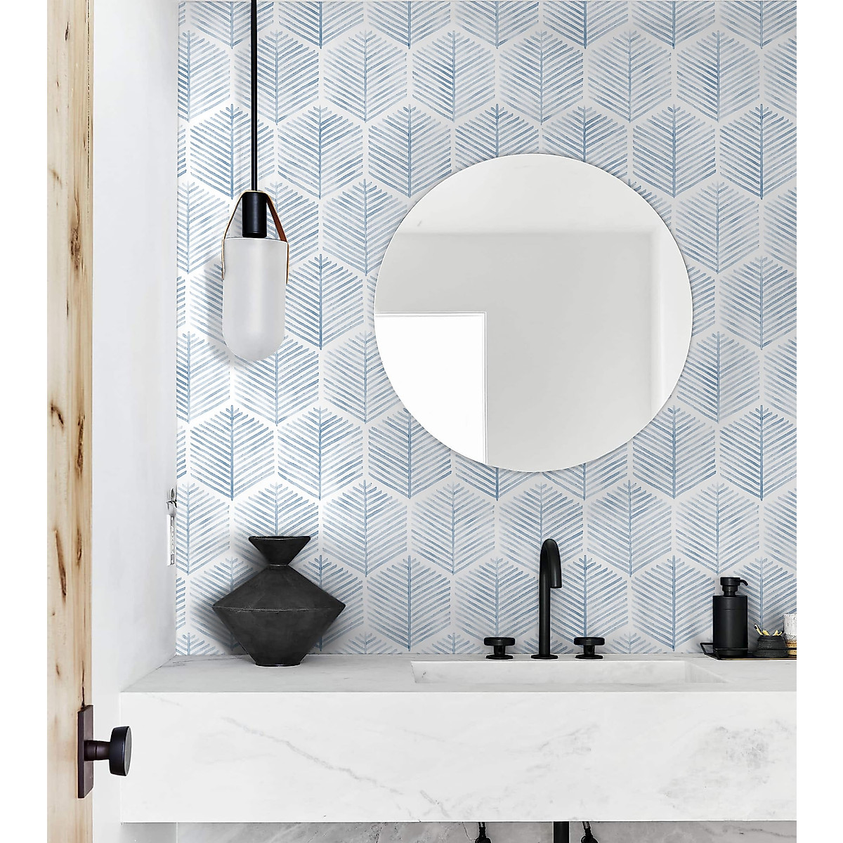 MelunMer Modern Peel and Stick Wallpaper Boho Contact Paper for Cabinets and Drawers Self Adhesive Wallpaper Removable Wallpaper for Bedroom Geometric Wallpaper for Bathroom Blue/White 17.3''×78.8''