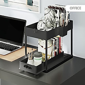 Under Sink Organizers and Storage, Bathroom Cabinet Organizer, Sink Shelf with Utility Hooks and Side Caddy for Under Cabinet Storage | Under Kitchen Sink Organizer with Sliding Drawer, Black (1-Pack)