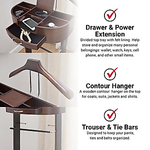 Proman Products - Crescent Moon Valet, Mens Valet Stand with Drawer, Top Tray, Contour Hanger, Trouser Bar, Belt Hooks & Shoe Rack, Accessory & Clothes Organizer (Mahogany)