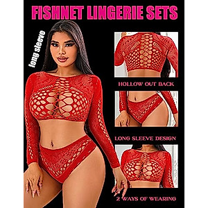 Avidlove Sexy Lingerie Fishnet Lingerie Sets Two Piece Lingerie Sexy Lingerie Panty and Bra Sets Fishnet Outfit A-red