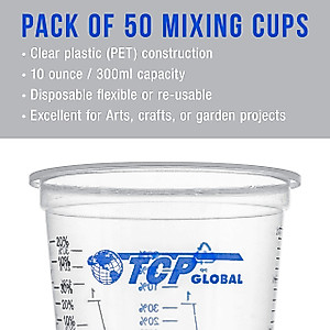 TCP Global 10 Ounce (300ml) Disposable Flexible Clear Graduated Plastic Mixing Cups - Box of 50 Cups & 50 Mixing Sticks - Use for Paint, Resin, Epoxy, Art, Kitchen - Measuring Ratios 2-1, 3-1, 4-1, ML