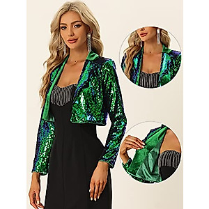 Allegra K Open Front Cardigan for Women's Notched Lapel Cropped Party Club Sparkly Sequin Blazer Medium Green