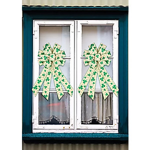 Large St. Patrick's Day Bows for Wreath, Glitter Green Shamrock Bow Irish Wreath Bows Holiday Burlap Bows for Front Door Saint Patrick's Day Decorations Supplies