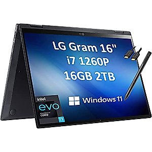 LG Gram 16T90Q 16" WQXGA 2-in-1 Touchscreen (Intel 12th Gen 12-Core i7-1260P, 16GB LPDDR5 RAM, 2TB SSD, Stylus), (2560 x 1600) Business Laptop, Thunderbolt 4, IST Computers HDMI, Windows 11 Pro