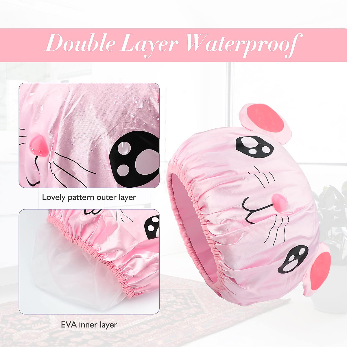 FirstKitchen Shower Cap for Kids, 2PCS Toddler Shower Cap, Cute Shower Cap with Double Layer, Kids Shower Caps for Girls Boys Child with Cartoon Animal(Pink Mouse + Gray Mouse)