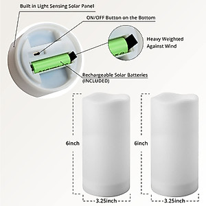 NURADA Large Outdoor Solar Powered Candles - Flameless Pillar Waterproof Rechargeable Candle Set, White Resin, LED Light, Rechargeable Solar Battery Included, Waterproof for Patio Decor 3.25" x 6"