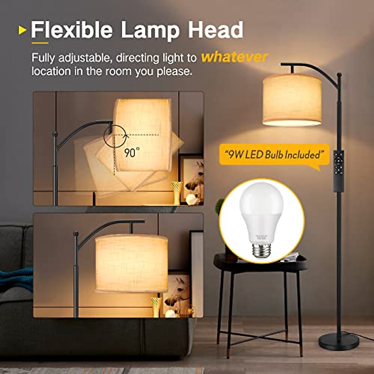 OUTON Arc Floor Lamp with Remote Control, LED Dimmable Modern Lamp with 4 Color Temperatures, Tall Standing Reading Lamp with Adjustable White Linen Shade for Living Room, Office, Black Matte