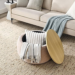 Kakotito Modern Round Storage Ottoman with Wooden Lid,Circle Ottoman Handmade Ottoman Coffee Table,End Table & Footstool for Living Room (Pink)