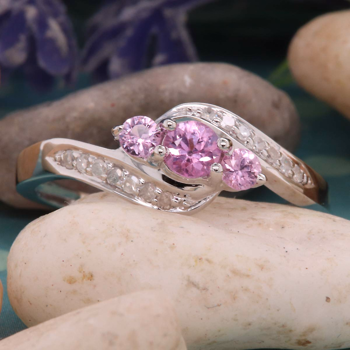 Dazzlingrock Collection 14K Round Pink Sapphire & White Diamond Swirl Engagement 3 Stone Bridal Ring, White Gold, Size 7.5