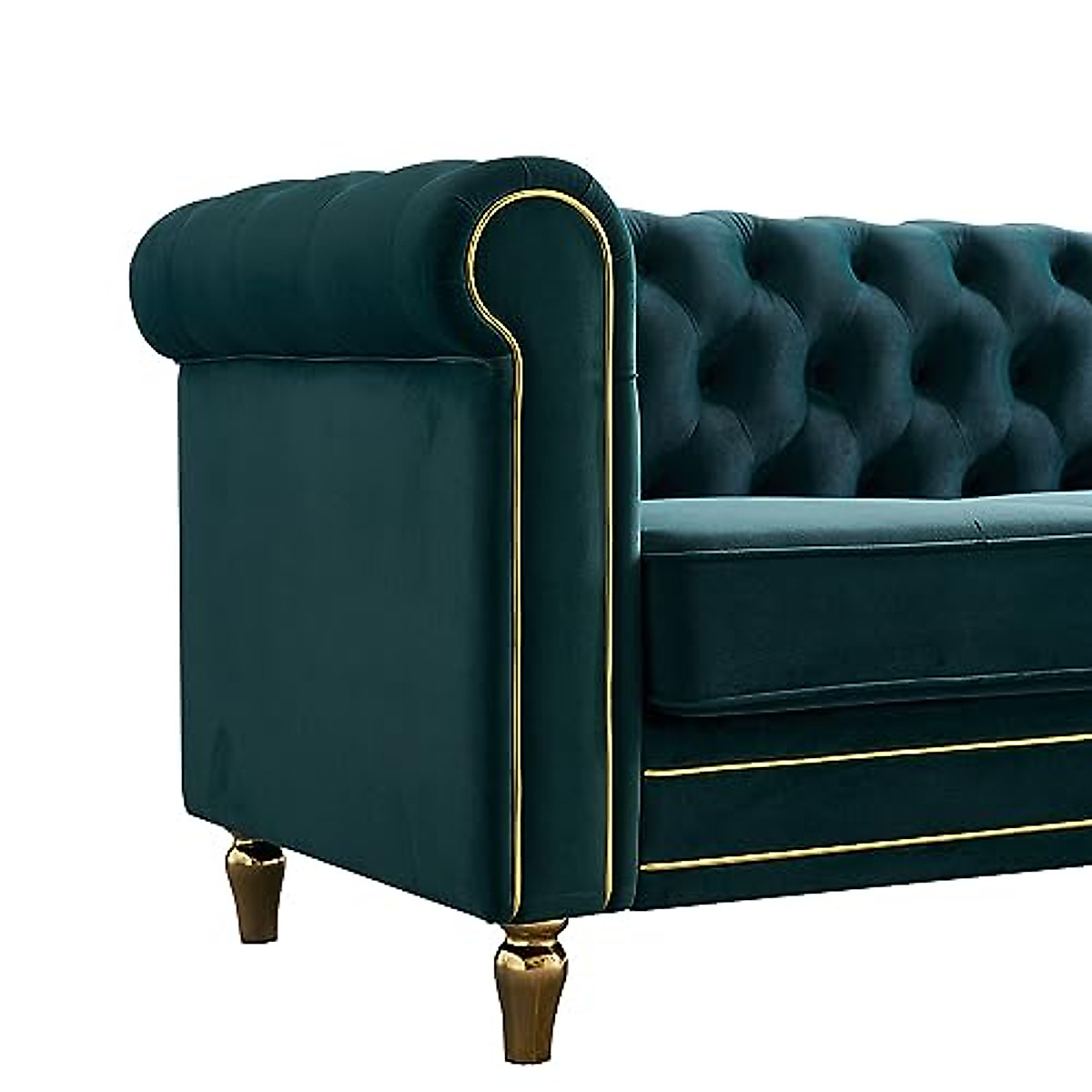 EMKK Large Chesterfield Sofa 3 Seater Modern Velvet Couch Upholstered Sofá with Tufted Back for Living Room Furniture,Nailhead Trim Round Armset, F-Green