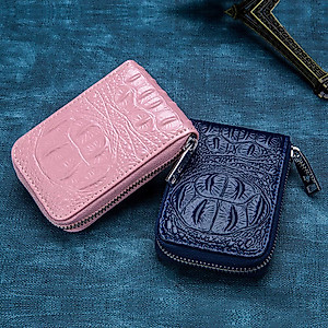 Wallets Genuine Leather For Womens Mens Crocodile Skin Embossed Coin Purse Mini Card Case Holder Zipper Pockets (Navy Blue,One Size)