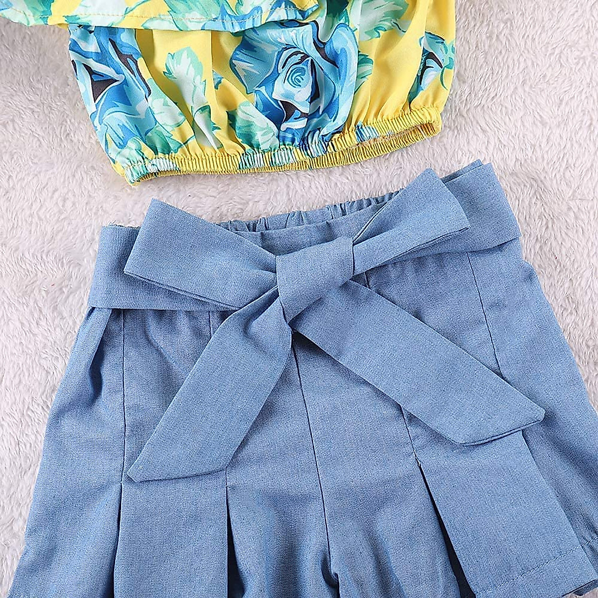 Kids Baby Girls Outfits Floral Ruffle Off Shoulder Crop Tops + Bowknot Denim Shorts Skirt Set Toddler Summer Clothes (5-6 Years, Blue)