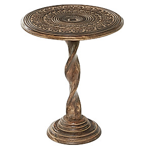 Deco 79 Mango Wood Floral Handmade Intricately Carved Accent Table with Spiral Leg and Elevated Base, 18" x 18" x 22", Brown