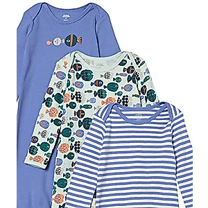 Amazon Essentials Unisex Babies' Cotton Sleeper Gowns, Pack of 3, Cornflower Blue/Pale Mint Green Fish/Stripe, 6 Months