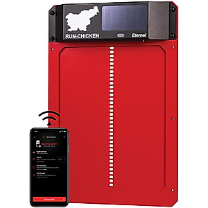 RUN-CHICKEN Door (Red) Solar Chicken Coop Door, Battery Powered Automatic Chicken Coop Door, Programmable Electric Chicken Door with Timer, Light Sensor, Solar Powered, Eternal
