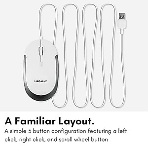 Macally Silent Wired Mouse - Slim & Compact USB Mouse for Apple Mac or Windows PC Laptop/Desktop - Designed with Optical Sensor & DPI Switch - Simple & Comfortable Wired Computer Mouse (White)