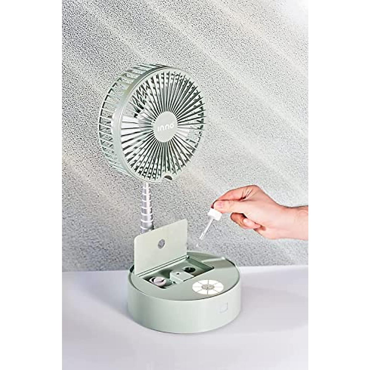 Portable Fan & Essential Oil Diffuser – Foldable Standing or Desk Fan with Night Light, Air Diffuser, Humidifier – 24 Hr. Run Time (Green)
