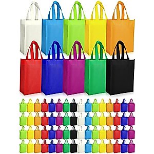 100 Pcs Non Woven Tote Bags Large Reusable Gift Grocery Bags Foldable Fabric Shopping Bags Multi Color Party Treat Bag Reusable Goodie Bags with Handles for Party Holiday Favor, 14 x 10 x 4 Inches
