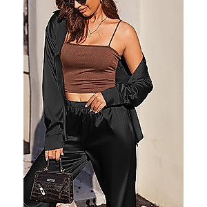 Ekouaer Lounge Set Women's Silk Sleepwear Satin Long Sleeve Pajamas Cool Pjs Set with Pants Black L