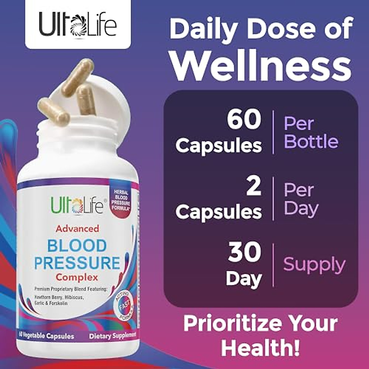 ULTALIFE Blood Pressure Supplements - Advanced Blood Pressure Supplement Complex - Hawthorn Berry, Hibiscus, Garlic, Forskolin - 14 Vitamins & Herbs, 30 Day Supply in Veggie Capsules