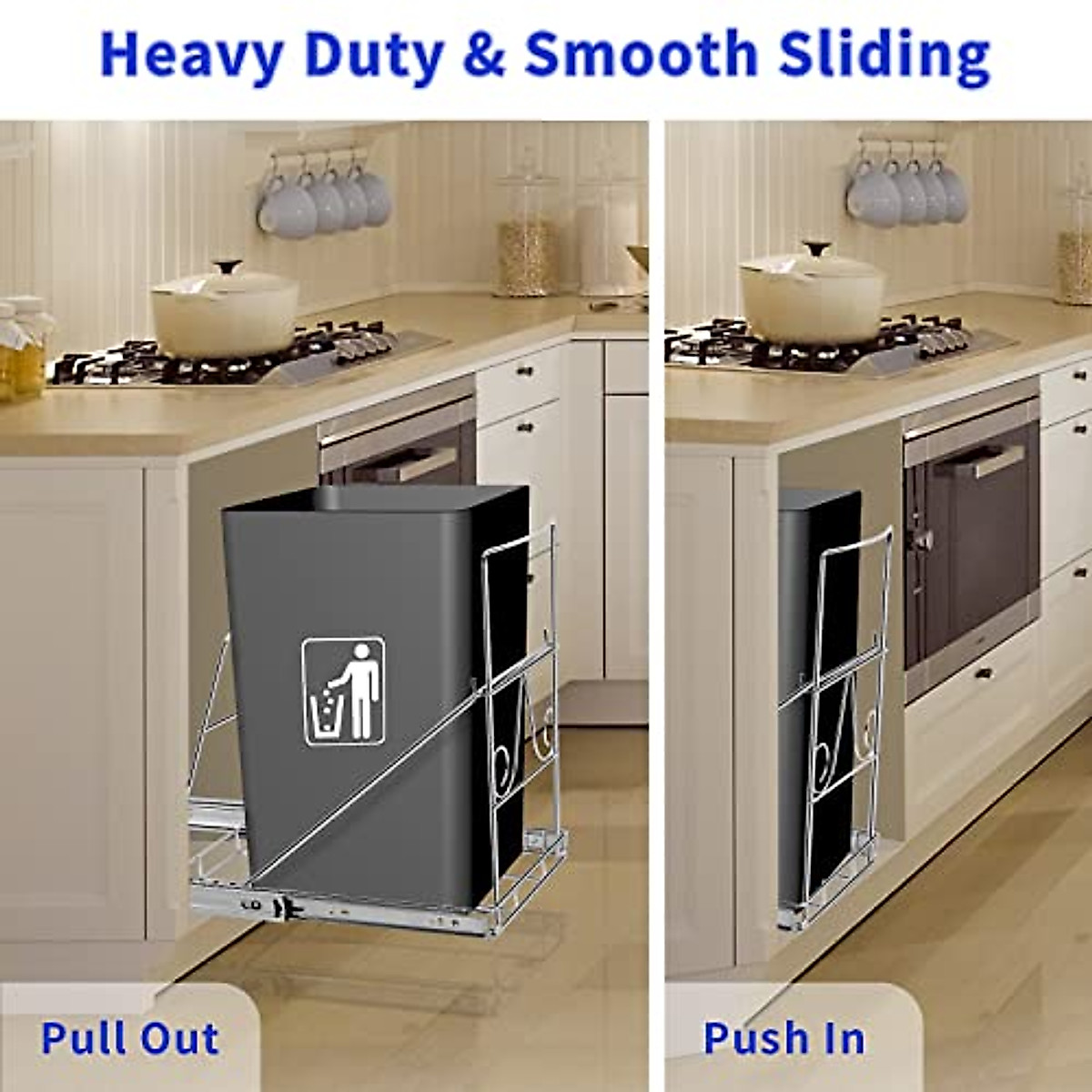ZVMTTOY Pull Out Trash Can Under Cabinet, Under Sink Garbage Can Pull Out for Kitchen Cabinet Adjustable Trash Can Pull Out Kit Fit for Most 7-10 Gallon Garbage Can (Waste Bin Not Included)-Silver