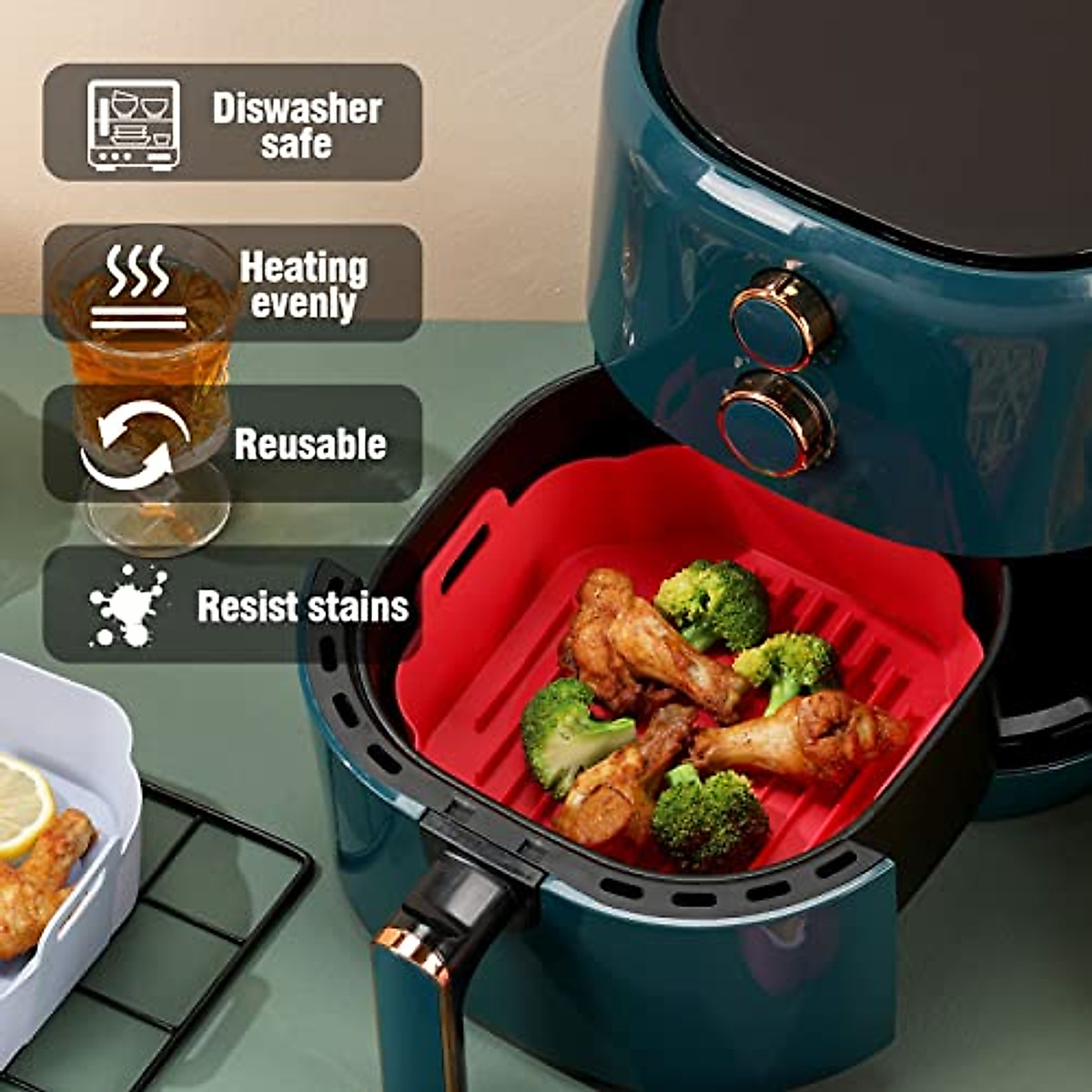 Air Fryer Liners, Air Fryer Silicone Liners Reusable, Air Fryer Accessories - Airfryer Liners Square 8.5 inch for 4 to 6 QT Air Fryer Liners Silicone, Air Fryer Liner Replace Parchment Paper
