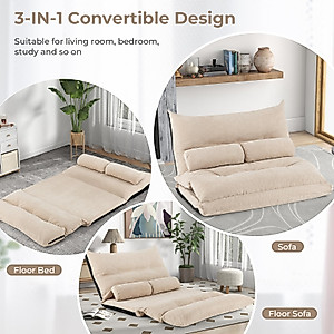 SPORFIT BETTARY Floor Sofa Bed, Convertible Lazy Sofa Bed with Adjustable Backrest and Headrest, Folding Mattress Bean Bag Chair, Guest Chaise Lounge for Bedroom, Living Room (Beige)