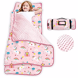 LIDEMA Toddler Nap Mat with Pillow and Blanket, Cozy and Durable Toddler Nap Mat for Daycare and Preschool, Travel and Camping, 22.1" x 55.1", Lightweight and Soft Sleeping Bags for Kids - Pink