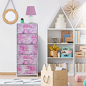 Sorbus Fabric Dresser for Kids Bedroom - Chest of 5 Drawers, Tall Storage Tower, Clothing Organizer, for Closet, for Playroom, for Nursery, Steel Frame, Fabric Bins - Wood Handle (Tie-dye Pink)