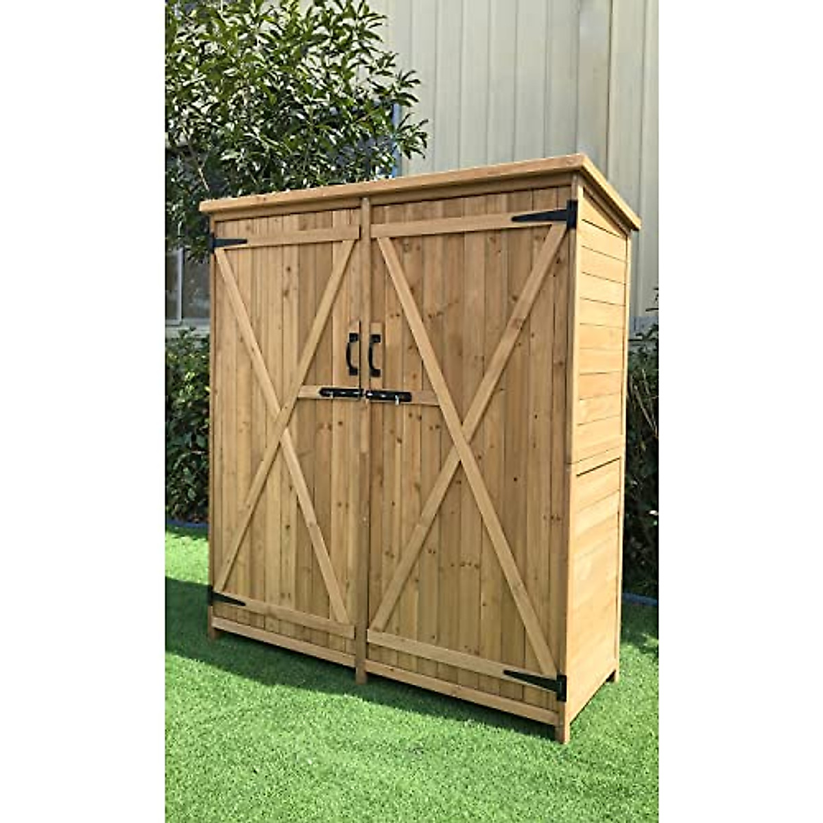 Hanover Outdoor Durable Double Door Wooden Shed for Tools and Garden Supplies with Shelf and Locking Latch, 36 Cu.Ft. Capacity (4.4' x 5' x 1.6'), Outdoor Storage for Backyard with Waterproof Roof